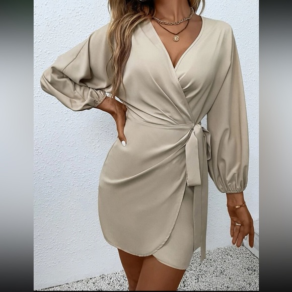 Dresses | Luxe Surplice Neck Lantern Sleeve Knot Side Wrap Dress | Poshmark